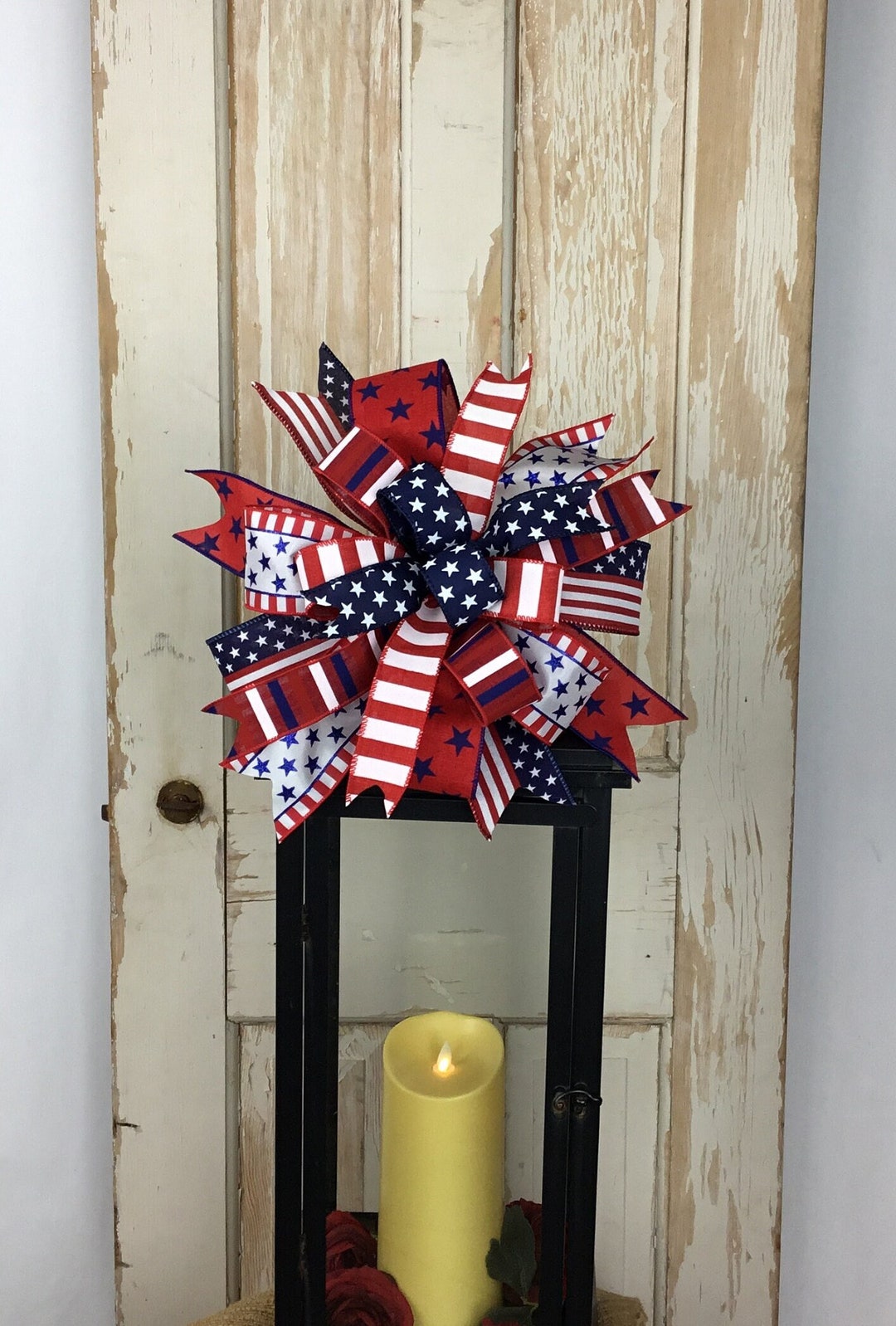 Patriotic Bow~lantern Bow~mailbox Bow~red White and Blue Wreath Bow ...