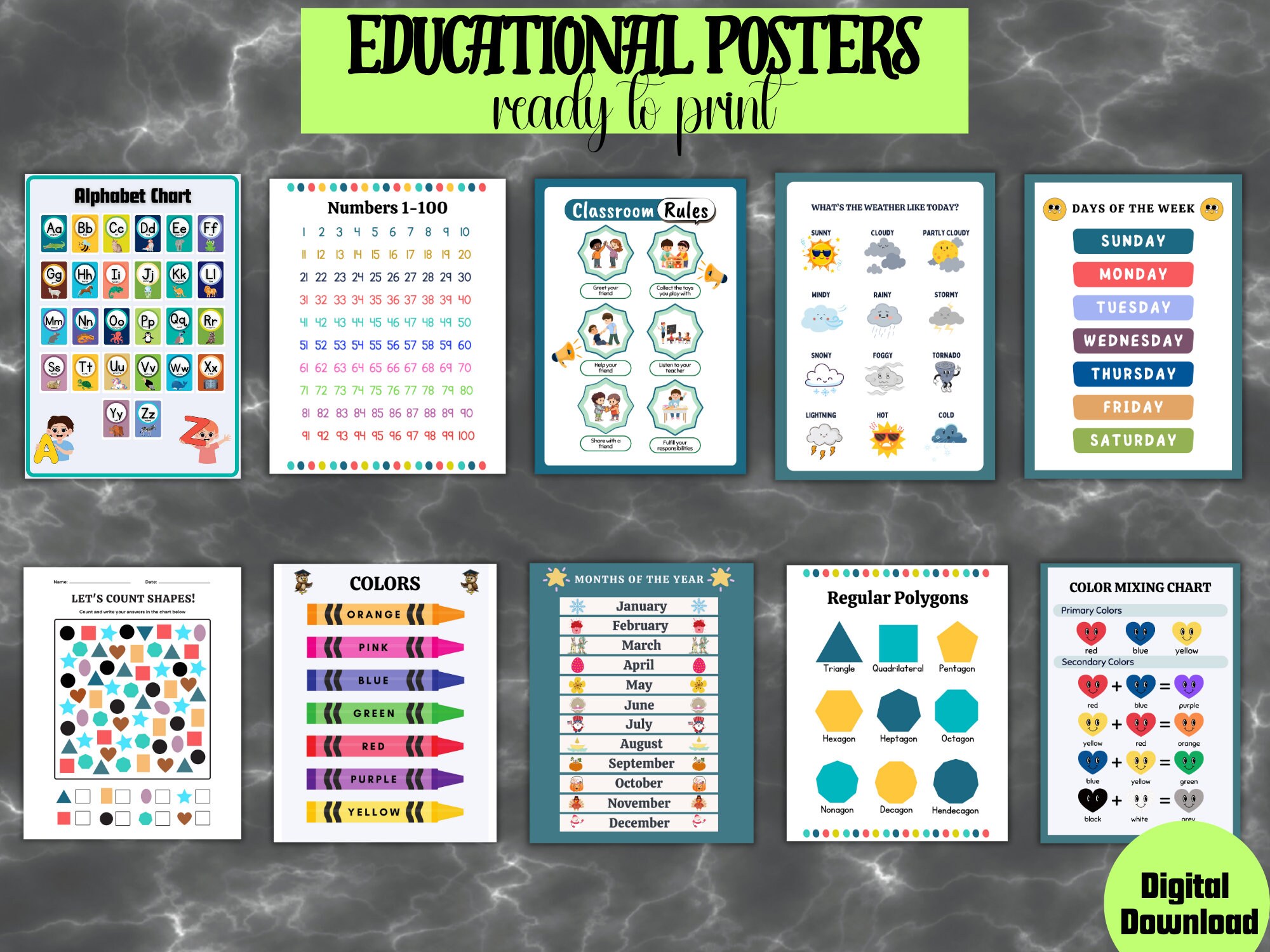 Educational Posters, 10 Set,homeschooling, Kindergarten Classrooms ...