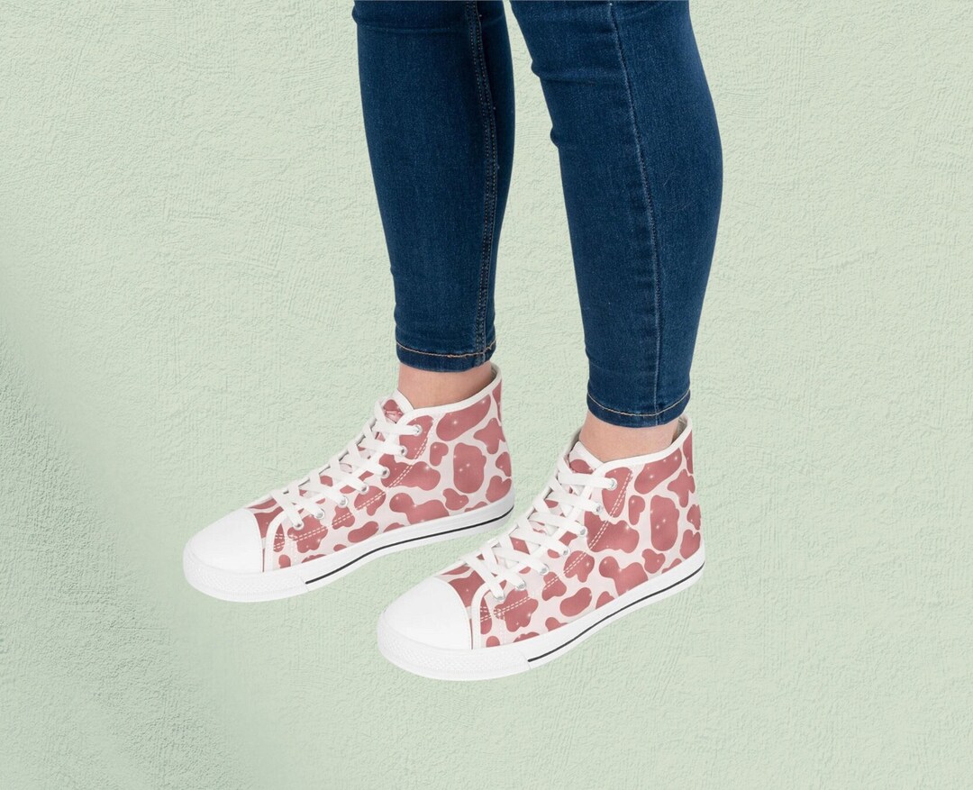 Pink Cow Print Women's High Top Sneakers, Unique Vaca Shoes, Back to ...