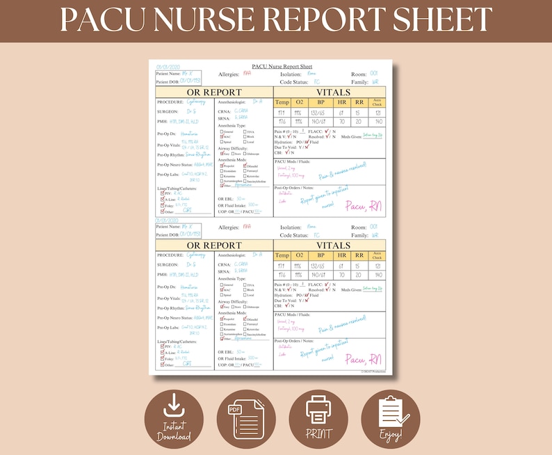 PACU Charge Nurse Printable Sheet Report - Instant Download for ...