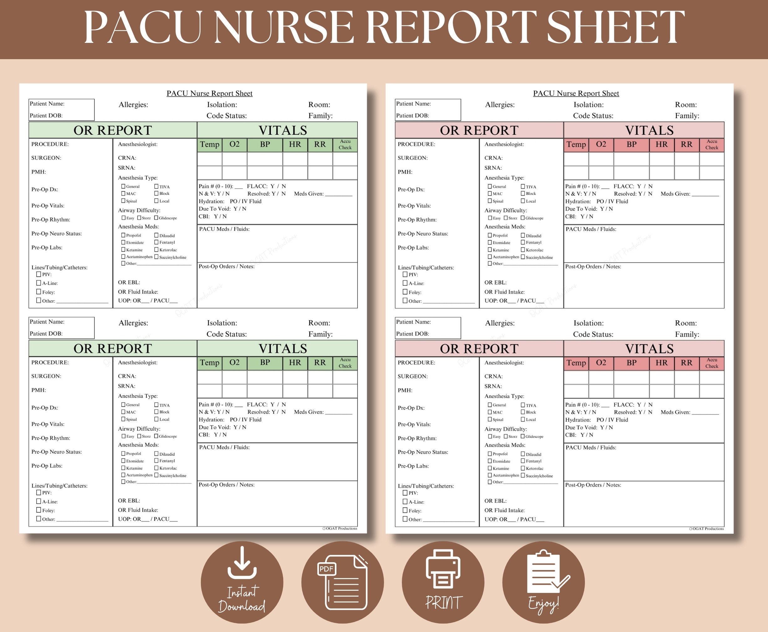PACU Charge Nurse Printable Sheet Report - Instant Download for ...