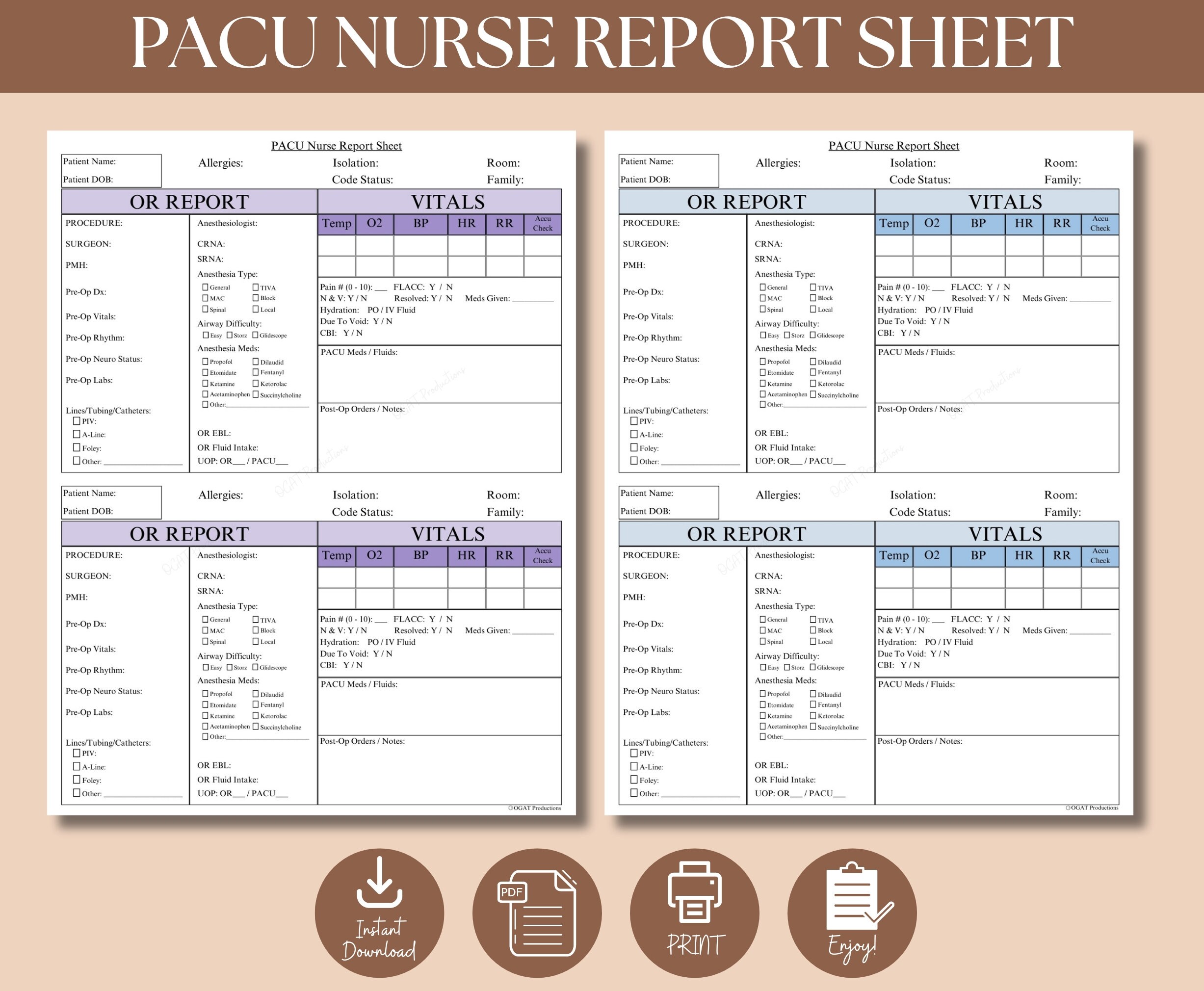 PACU Charge Nurse Printable Sheet Report - Instant Download for ...