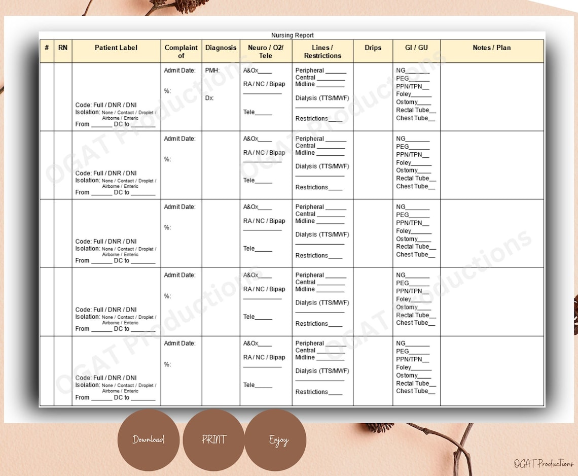 Charge Nurse Printable Sheet Report - Instant Download for Healthcare ...