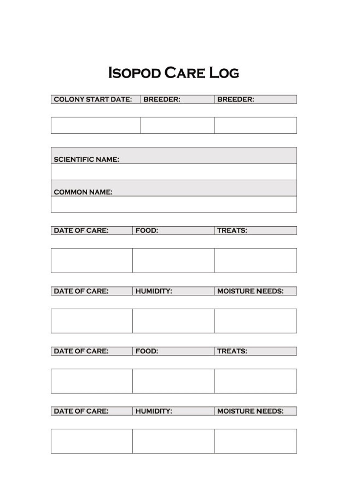 Isopod Care Log Book Vol 1: 12 Month Log Book for Weekly Isopod Care - Etsy