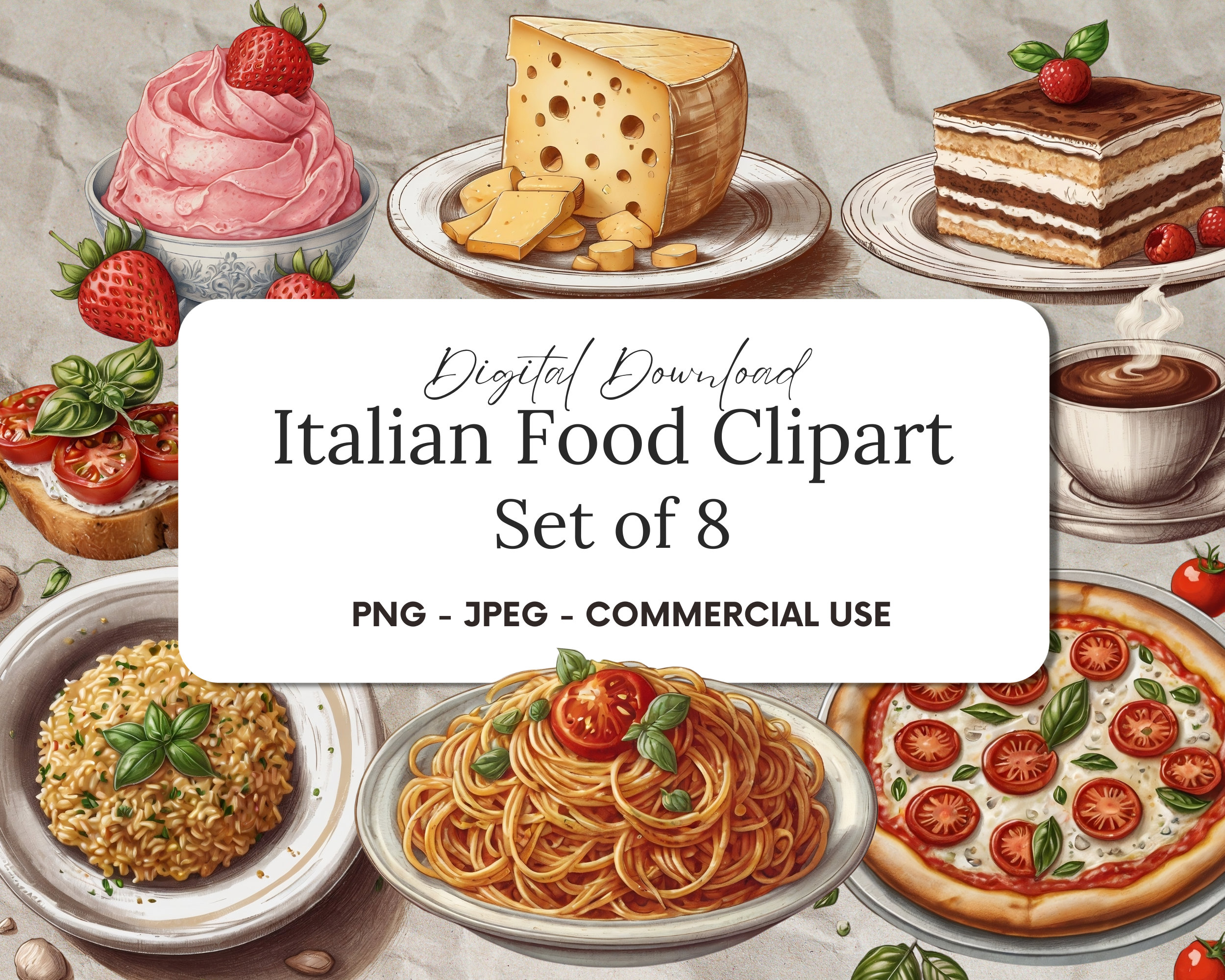 Digital Clipart PNG Italian Food, Vintage Italian Food Sketches, Retro ...