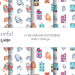 Watercolor Cats and Houses Digital Paper . Cute Cats and Burano Houses ...