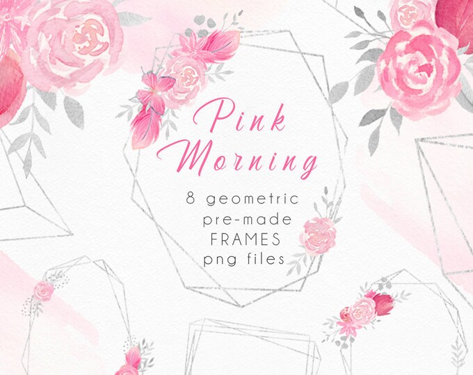 Pink Floral Frame Watercolor Clipart Png Poligonal Geometric - Etsy