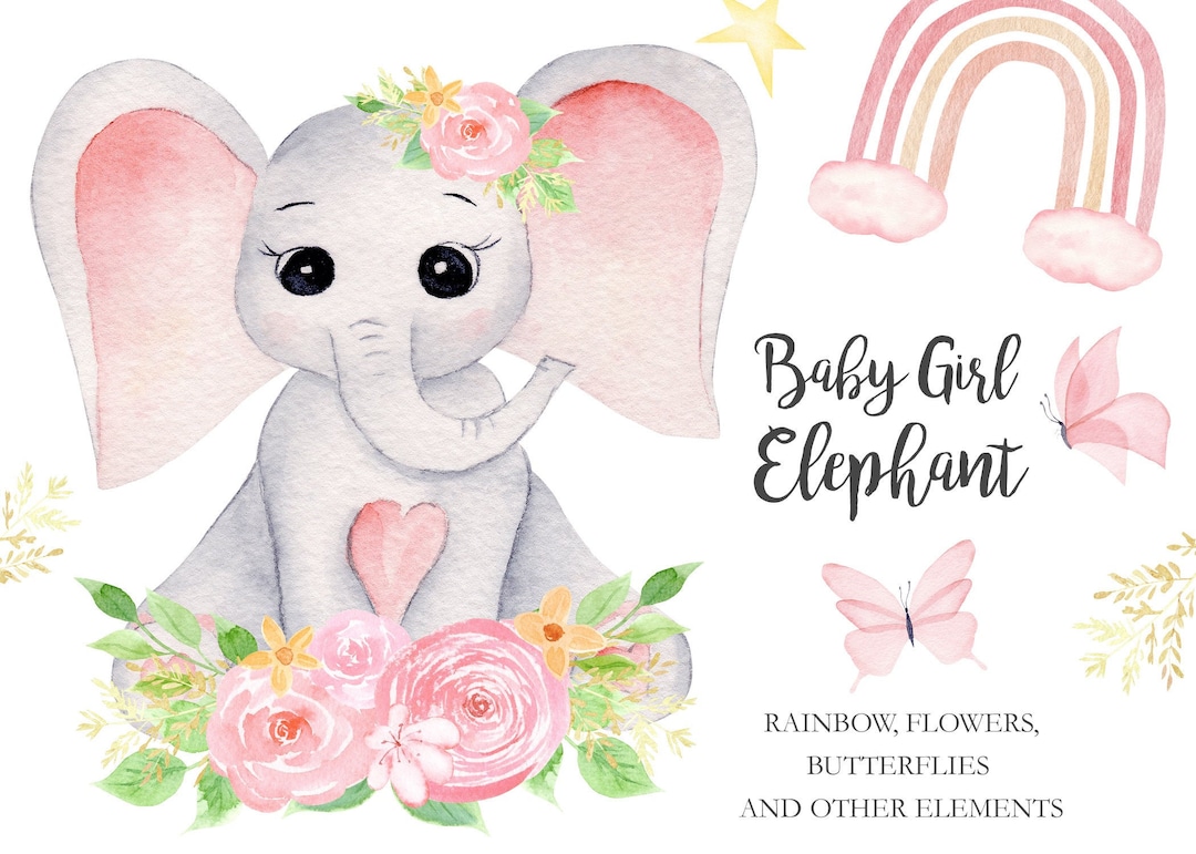Watercolor Baby Girl Elephant Clipart. Flower, Rainbow and Butterfly ...