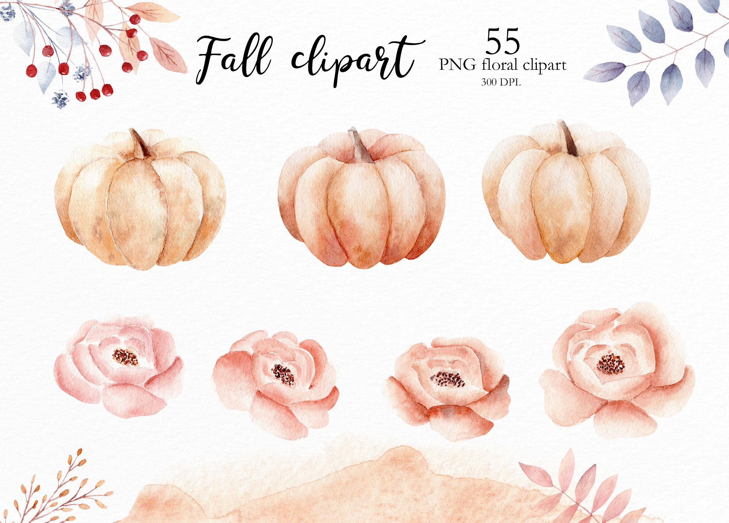 Fall PNG Watercolor Clipart 55 Fall Clipart Set Autumn - Etsy