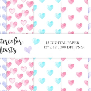 Valentine Watercolor Hearts Digital Paper Pack, 15 Seamless Heart ...