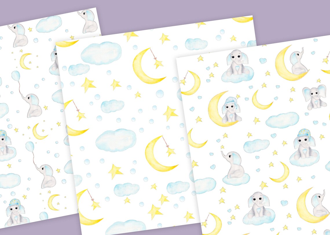 Digital Paper Watercolor Baby Boy Elephant Baby Paper Pack | Etsy