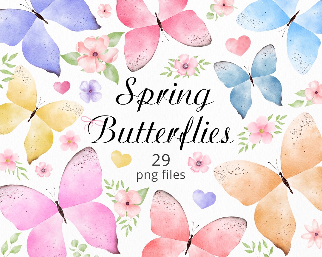 Butterflies Watercolor Clipart Set, Spring Clipart With Hearts, Flowers ...