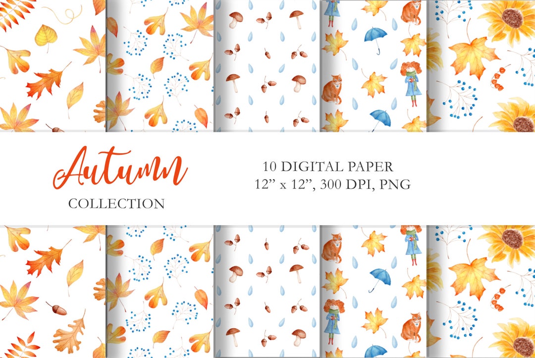 Fall PNG Digital Paper, Watercolor Autumn Digital Paper, Fall ...