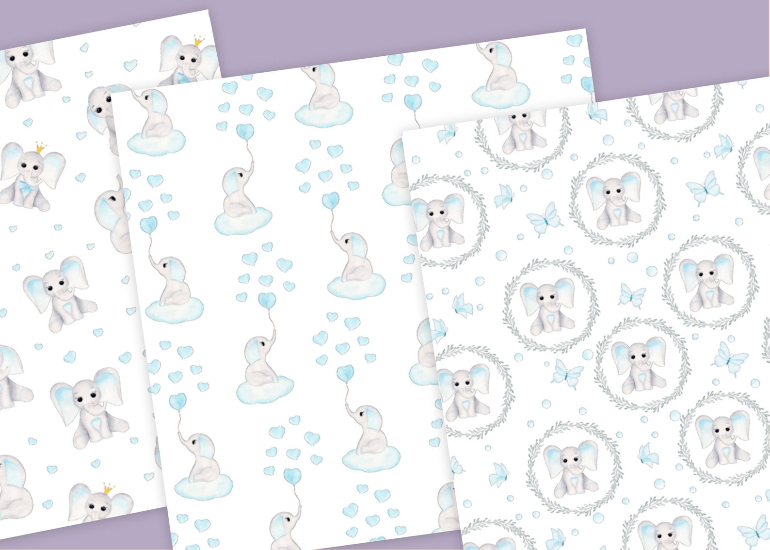 Digital Paper Watercolor Baby Boy Elephant Baby Paper Pack | Etsy