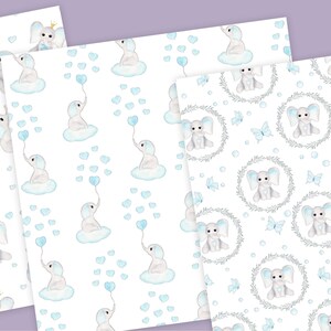 Digital Paper Watercolor Baby Boy Elephant, Baby Paper Pack, Nursery ...