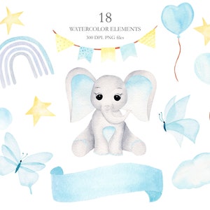 Baby Boy Elephant Watercolor Clipart. Rainbow Flower and - Etsy