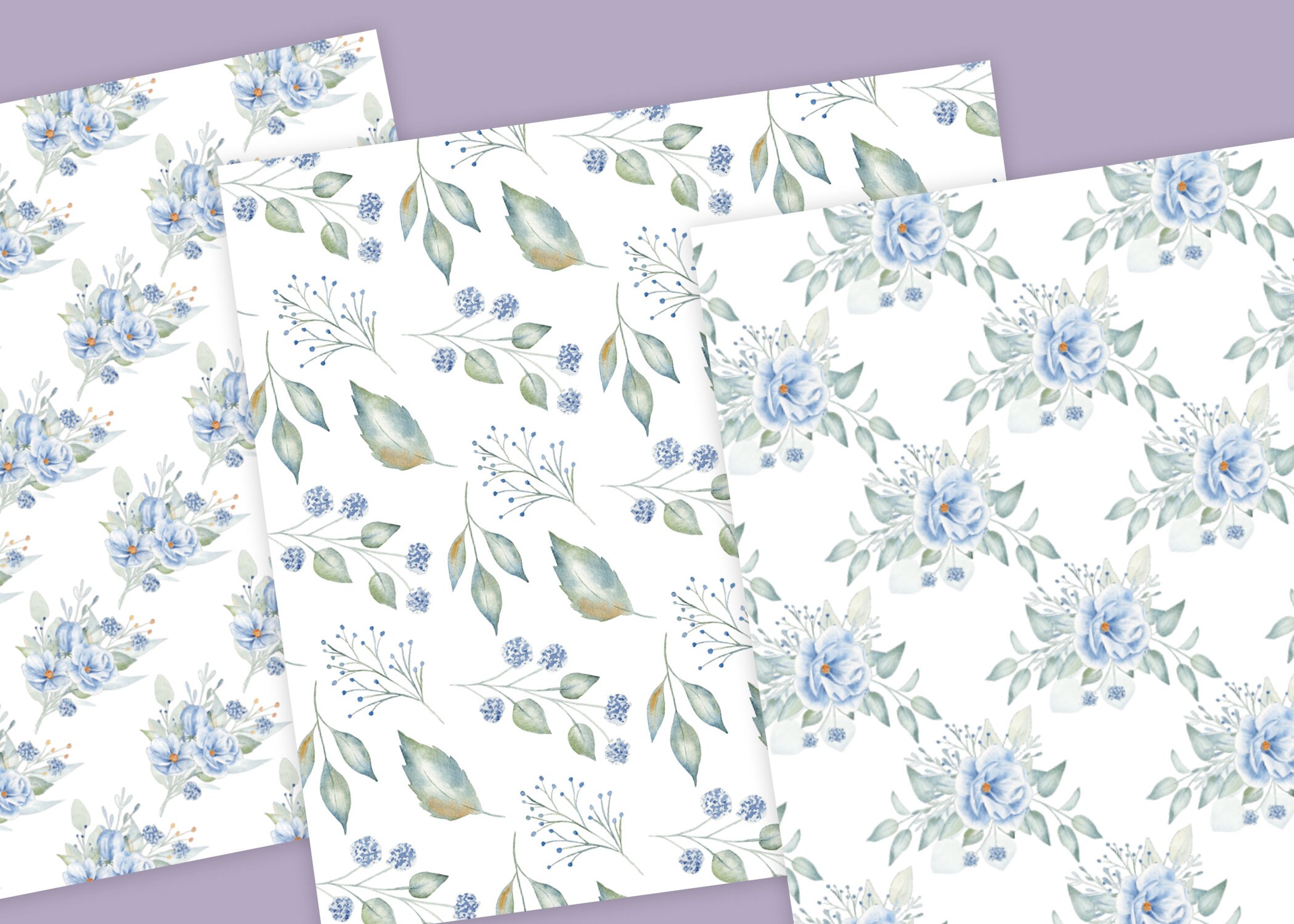 Watercolor Floral Digital Paper Blue Winter Flower & Greenery | Etsy