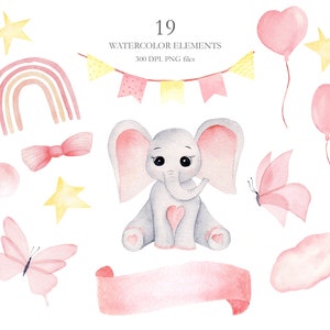 Watercolor Baby Girl Elephant Clipart. Flower, Rainbow and Butterfly ...