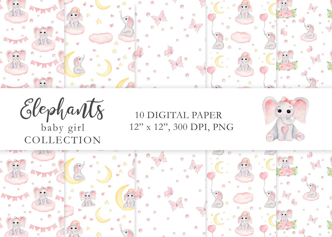 Baby Girl Elephant Watercolor Digital Papers, Baby Animal Paper Pack ...