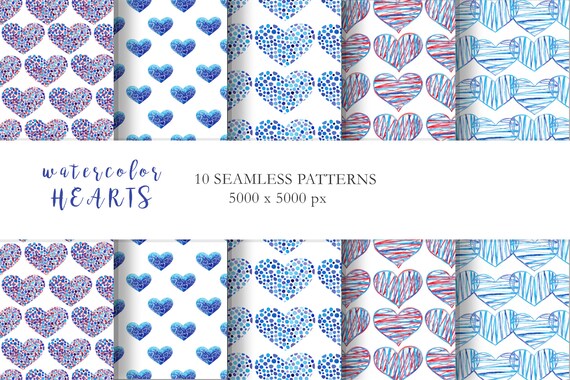 Watercolor Blue Hearts Digital Paper . Romantic Watercolor | Etsy