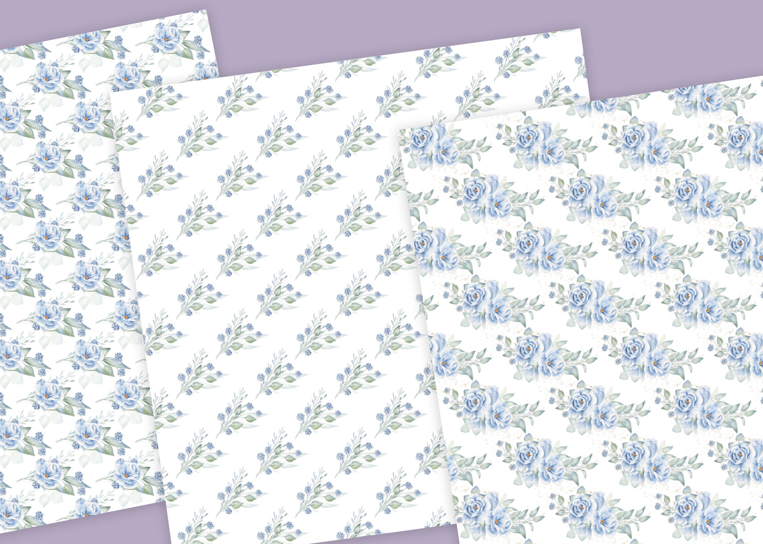 Watercolor Floral Digital Paper Blue Winter Flower & Greenery | Etsy