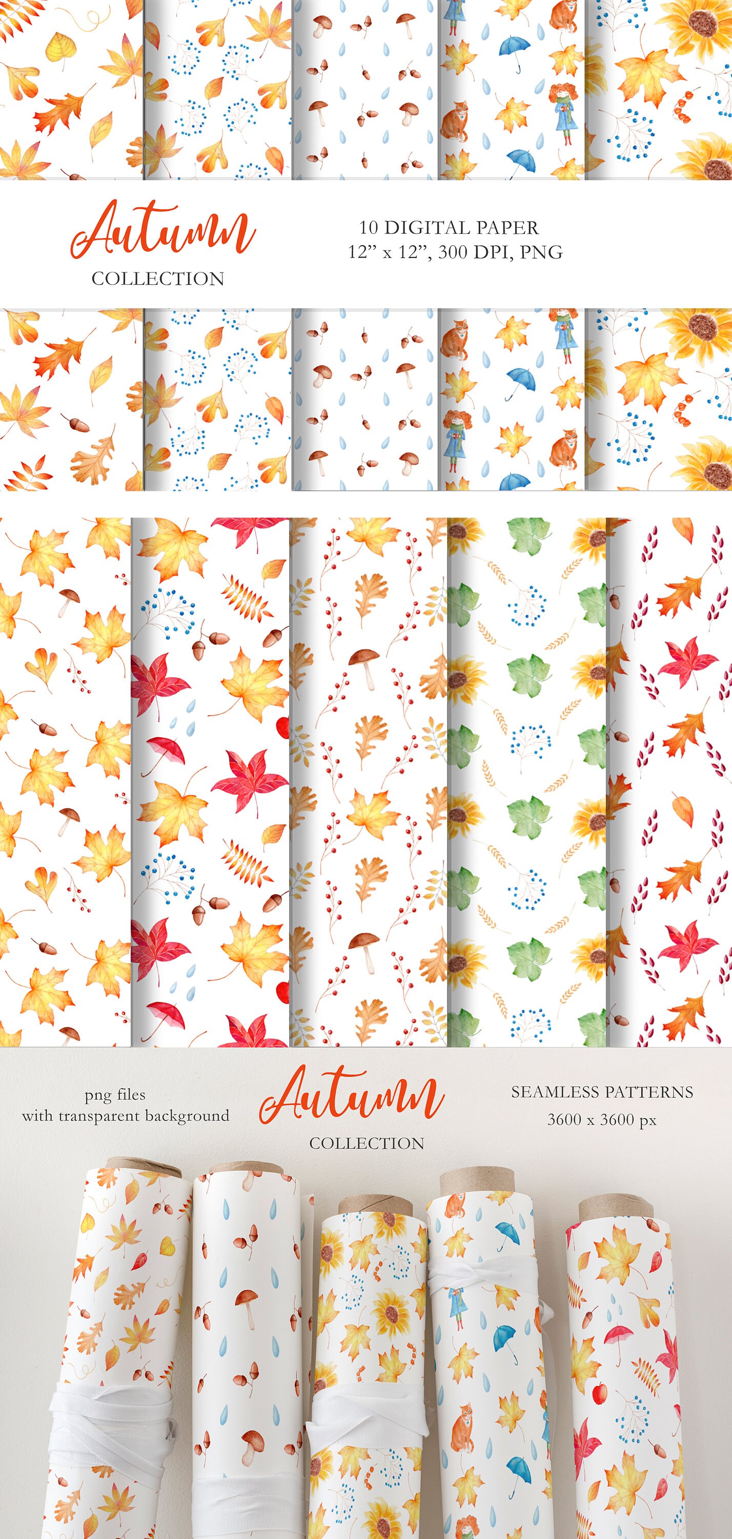 Fall PNG Digital Paper, Watercolor Autumn Digital Paper, Fall ...