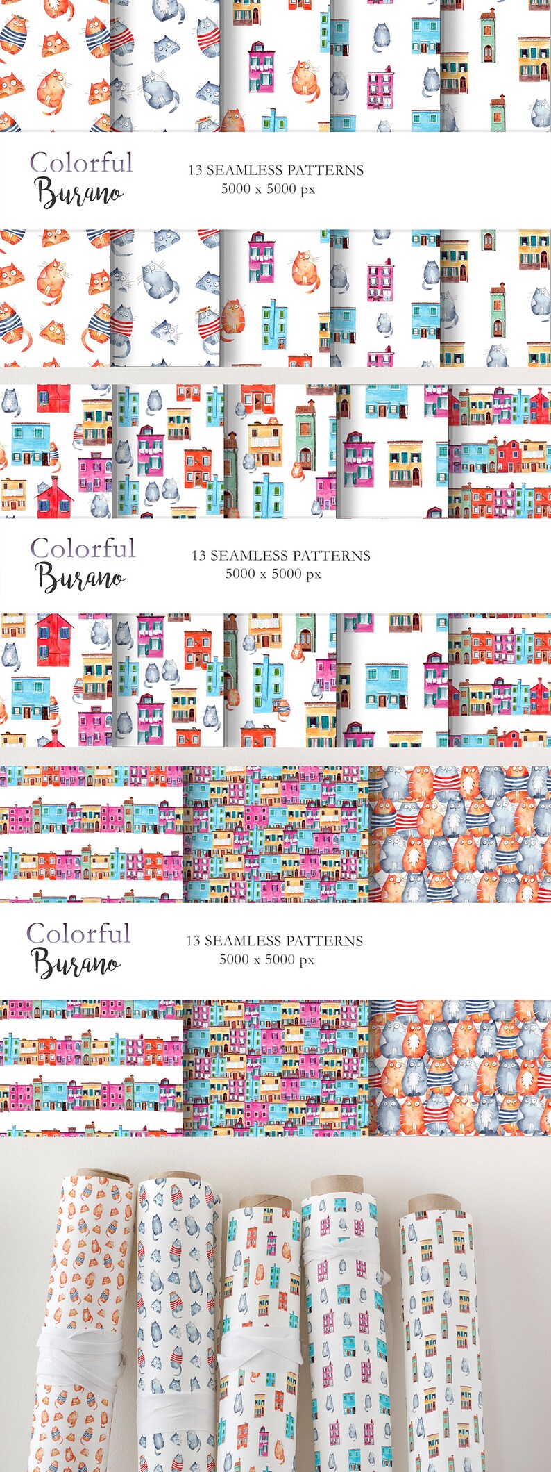 Watercolor Cats and Houses Digital Paper . Cute Cats and | Etsy