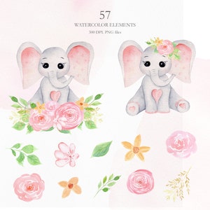 Watercolor Baby Elephant Clipart. Cute Pink Little Girl Woodland ...