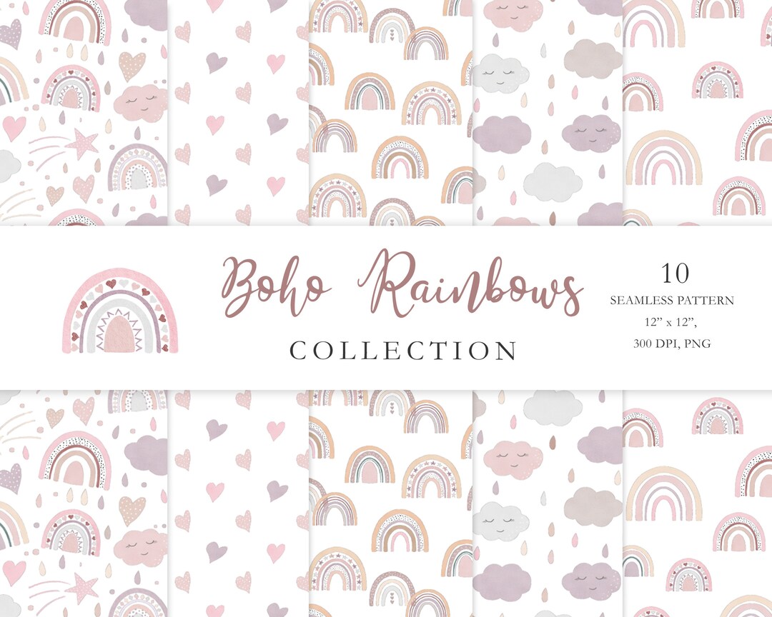 Boho Rainbow Watercolor Digital Paper, Nursery Wall Art, Rainbow ...