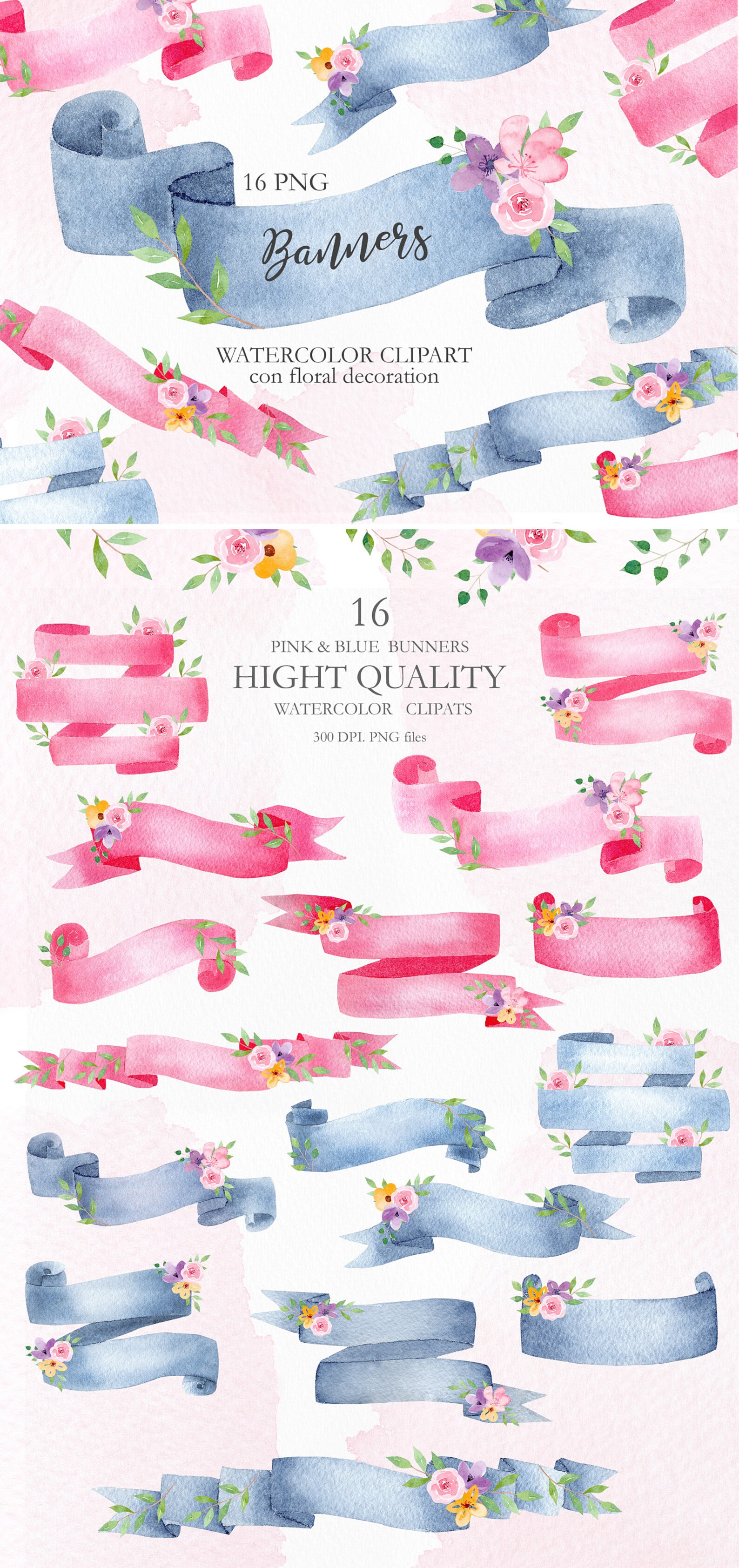 Set of 16 Watercolor Floral Banners Clipart Ribbon Graphics - Etsy