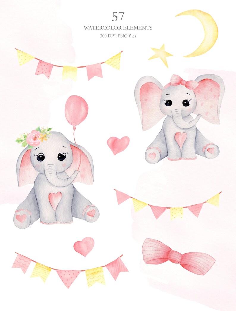 Watercolor Baby Elephant Clipart. Cute Pink Little Girl - Etsy