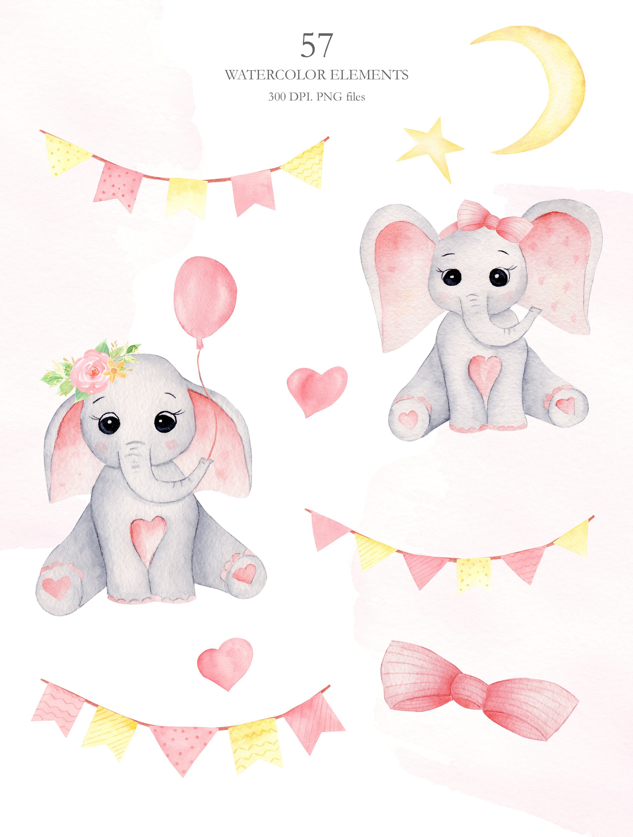 Watercolor Baby Elephant Clipart. Cute Pink Little Girl - Etsy