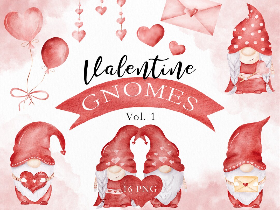 Valentine Gnome Watercolor Clipart, Cute Love Clipart Set, Valentine ...