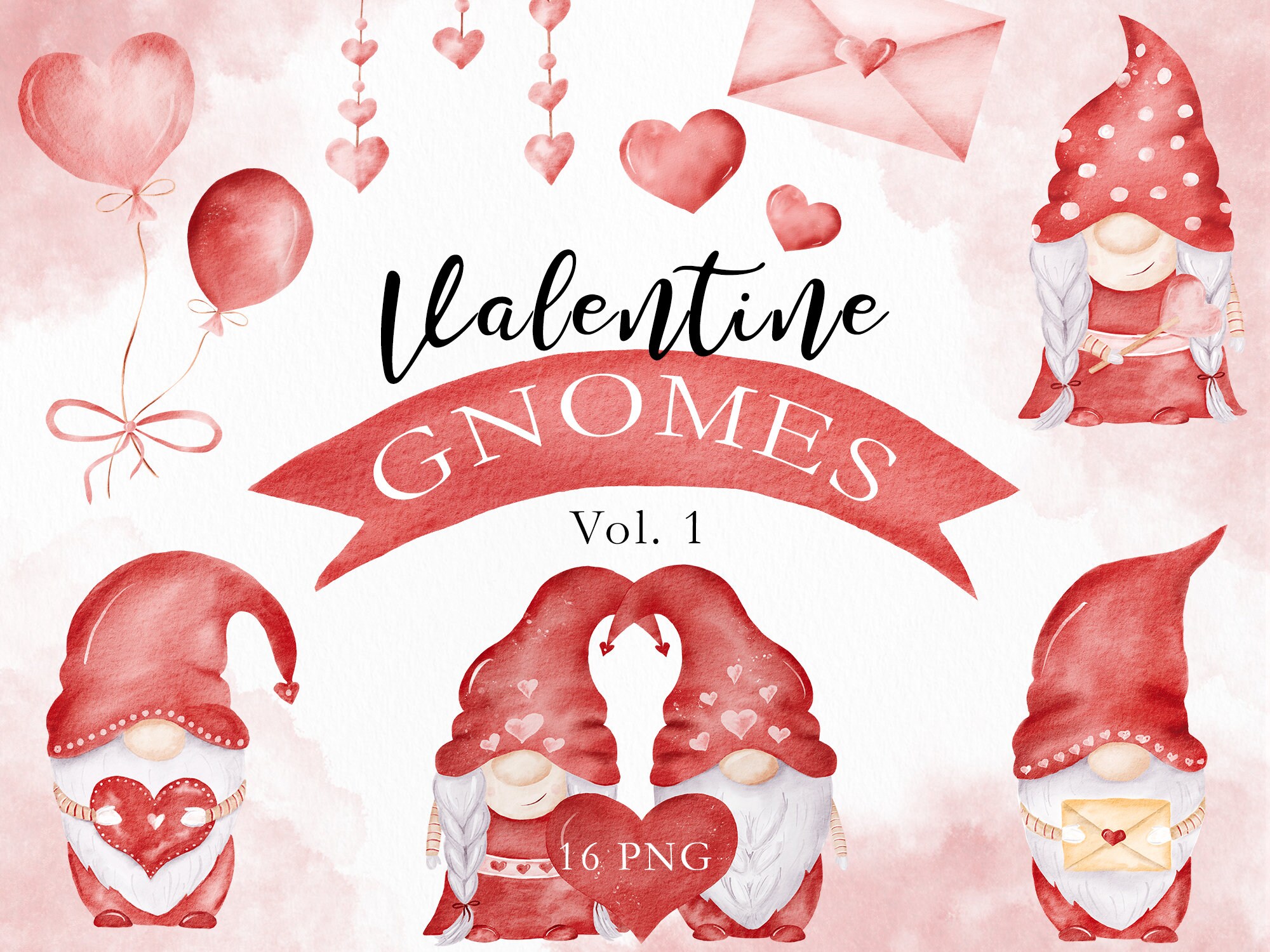 Valentine Gnome Watercolor Clipart Cute Love Clipart Set - Etsy