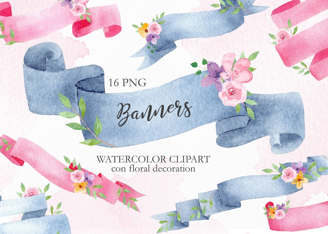Set of 16 Watercolor Floral Banners Clipart, Ribbon Graphics, Party ...