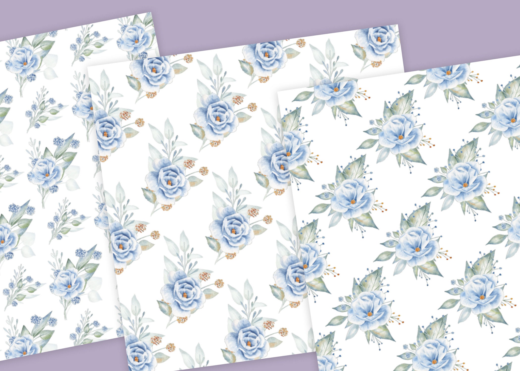 Watercolor Floral Digital Paper Blue Winter Flower & Greenery | Etsy