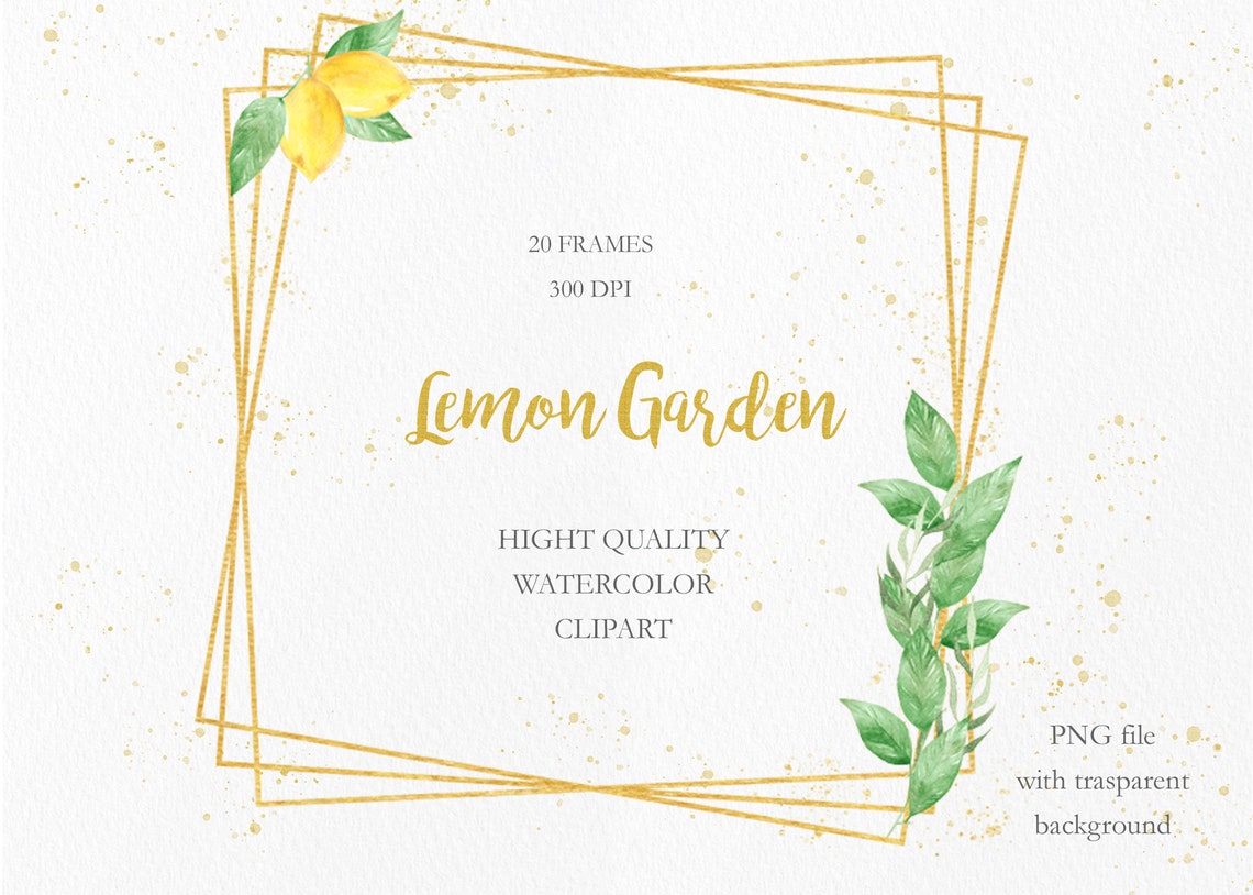 Set of 20 Watercolor Lemon Gold Geometric Frames Clipart - Etsy