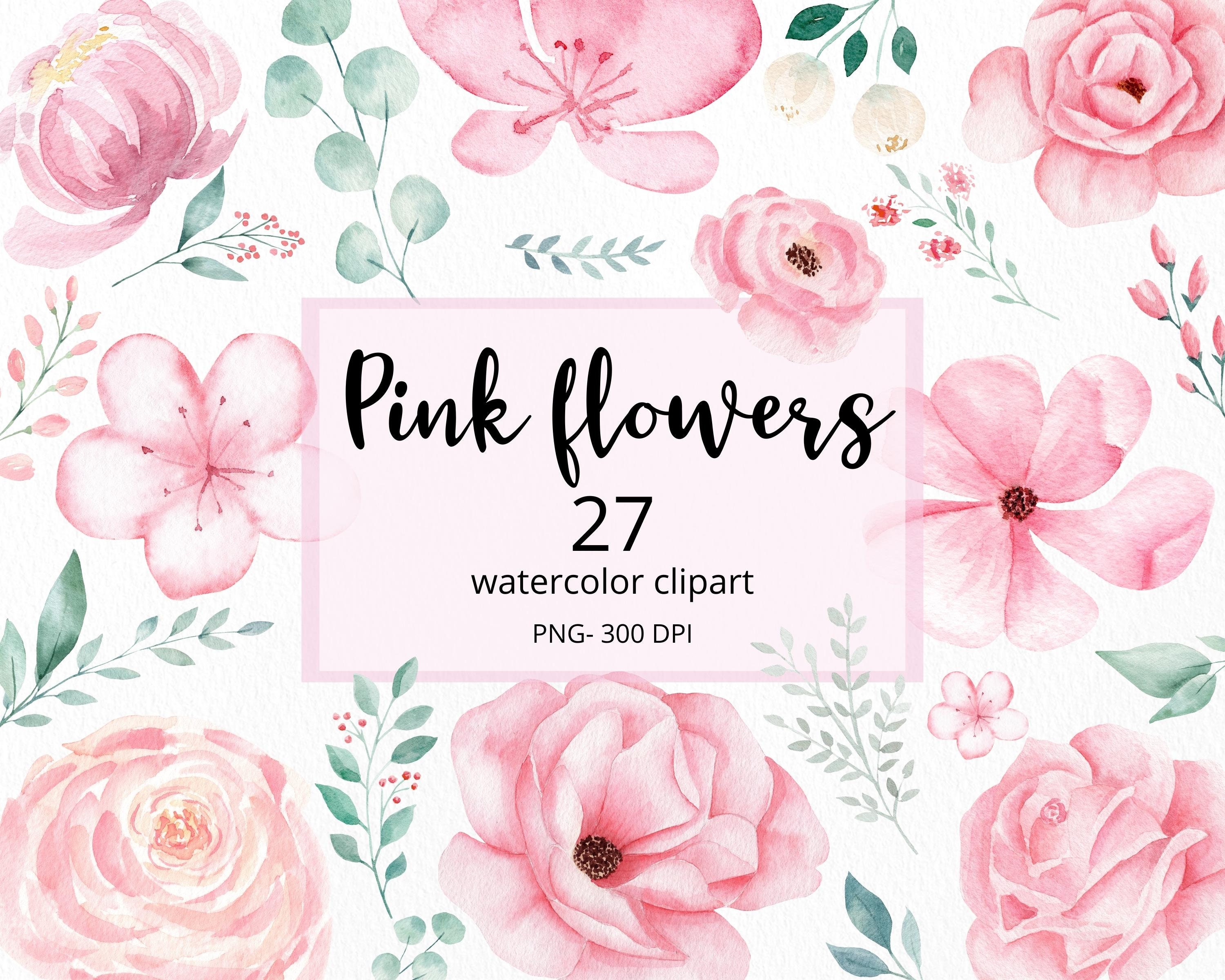 Watercolor Pink Flowers and Greenery Leaves, Wedding Invitation Clip ...