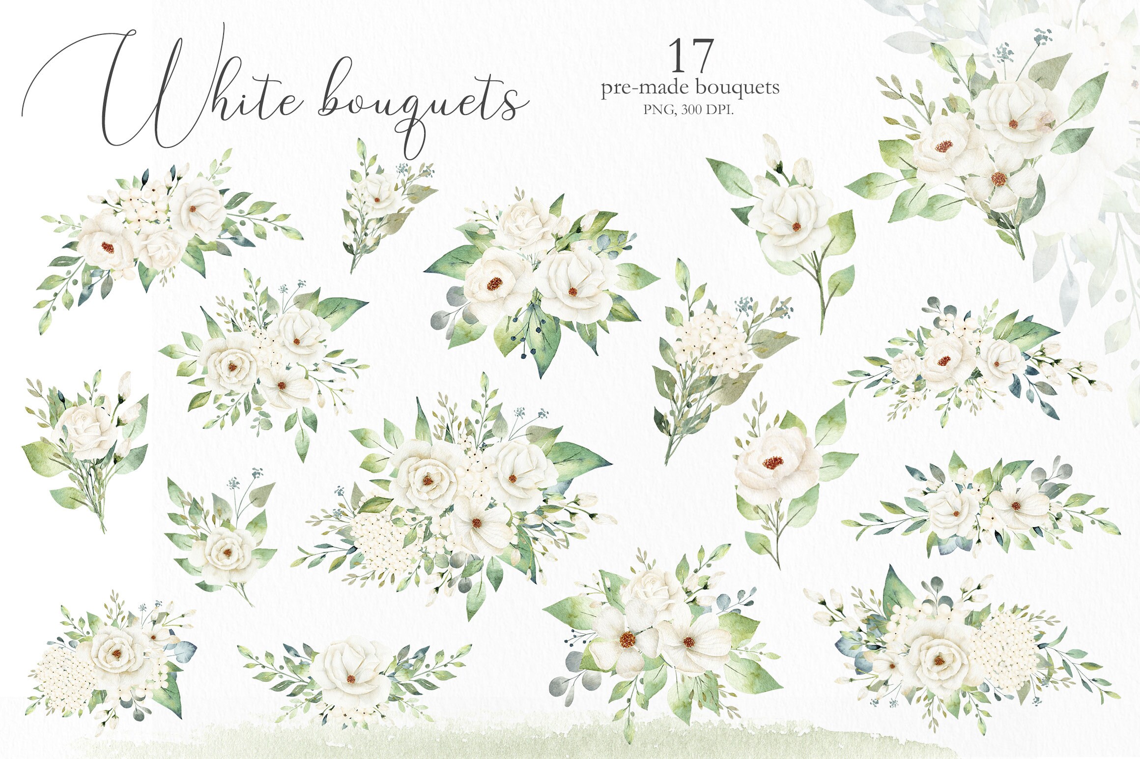 Watercolor White Floral Clipart Set, 17 Flowers and Greenery Leaves ...