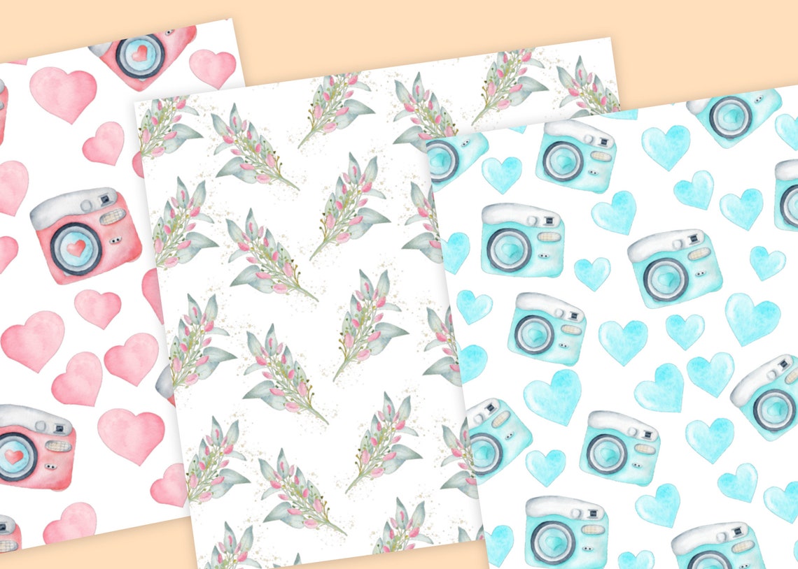 Watercolor Vintage Camera Digital Paper, Retro Floral Photo Camera ...