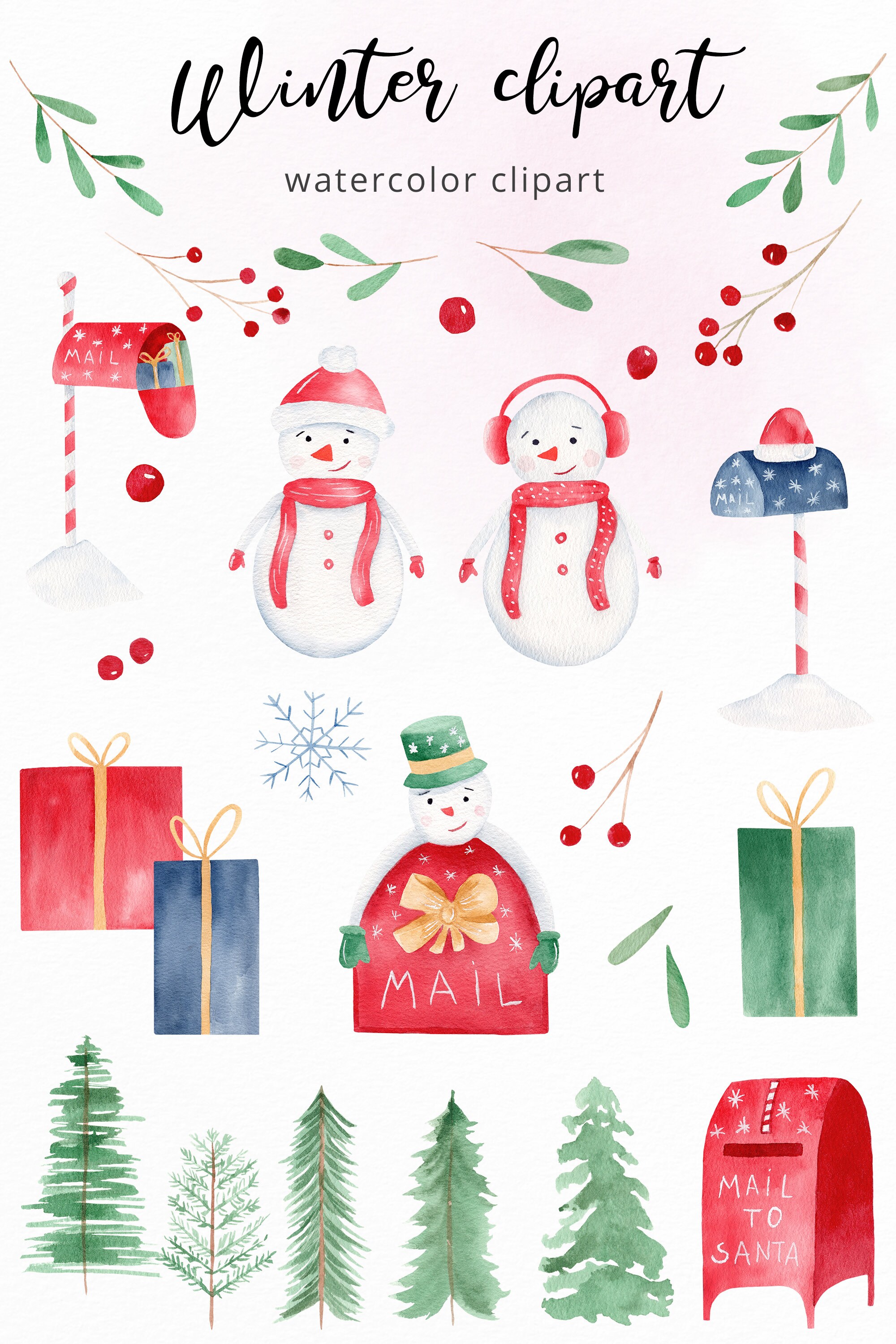 Christmas Watercolor Clipart Mail for Santa Claus Snowman - Etsy