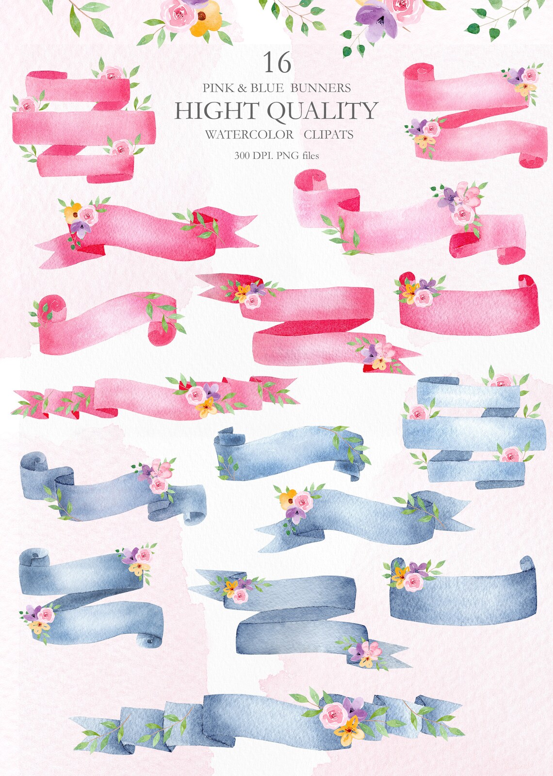Set of 16 Watercolor Floral Banners Clipart Ribbon Graphics - Etsy