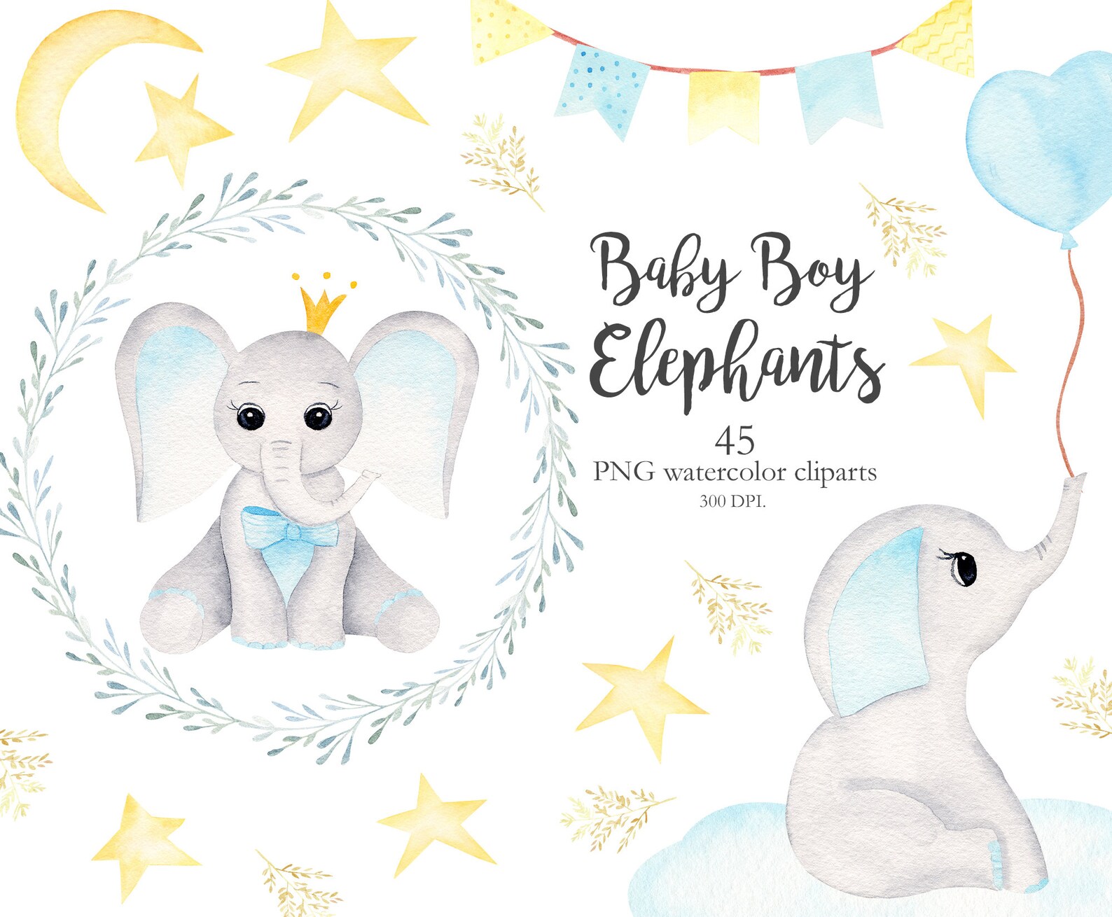 Watercolor Elephant Clipart. Baby Boy Elephant and Flower - Etsy