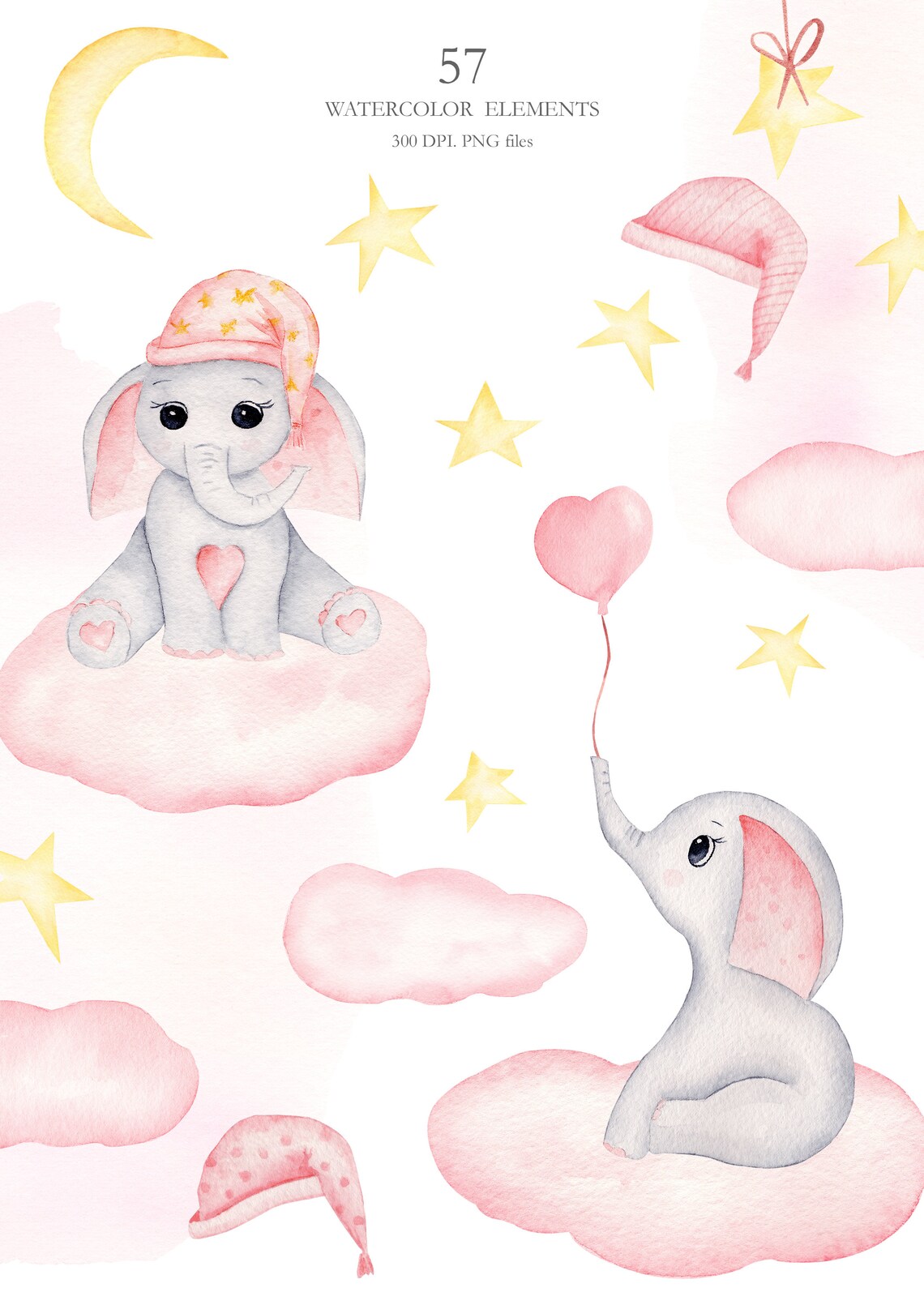 Watercolor Baby Elephant Clipart. Cute Pink Little Girl - Etsy