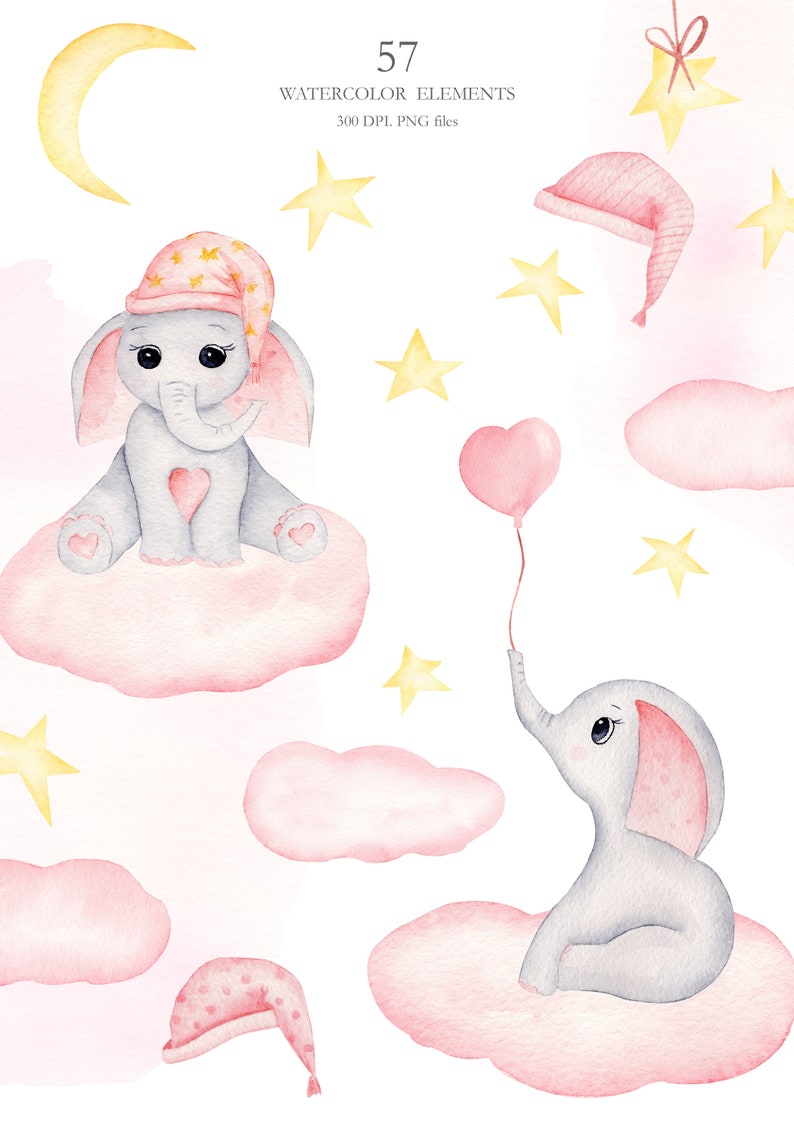 Watercolor Baby Elephant Clipart. Cute Pink Little Girl - Etsy