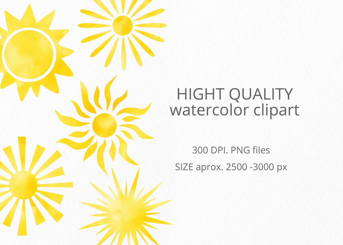 Watercolor Sun Clipart Set, Sun PNG Watercolor Clipart, Sun Sticker ...