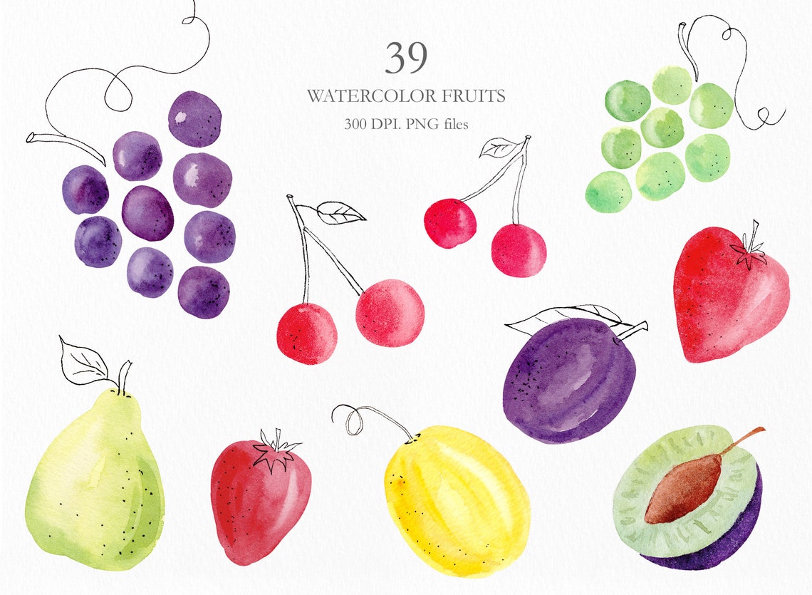 Watercolor Fruits Clipart Kitchen Clip Art Summer Tropical | Etsy