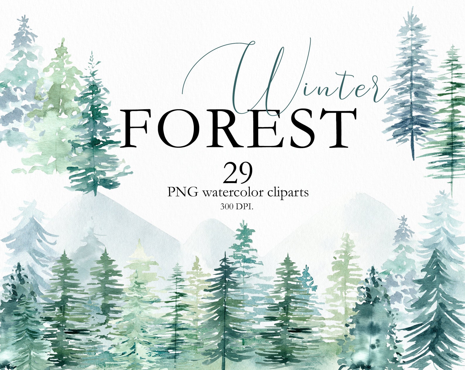 Winter Forest Watercolor Clipart Christmas Pine Trees Clip - Etsy