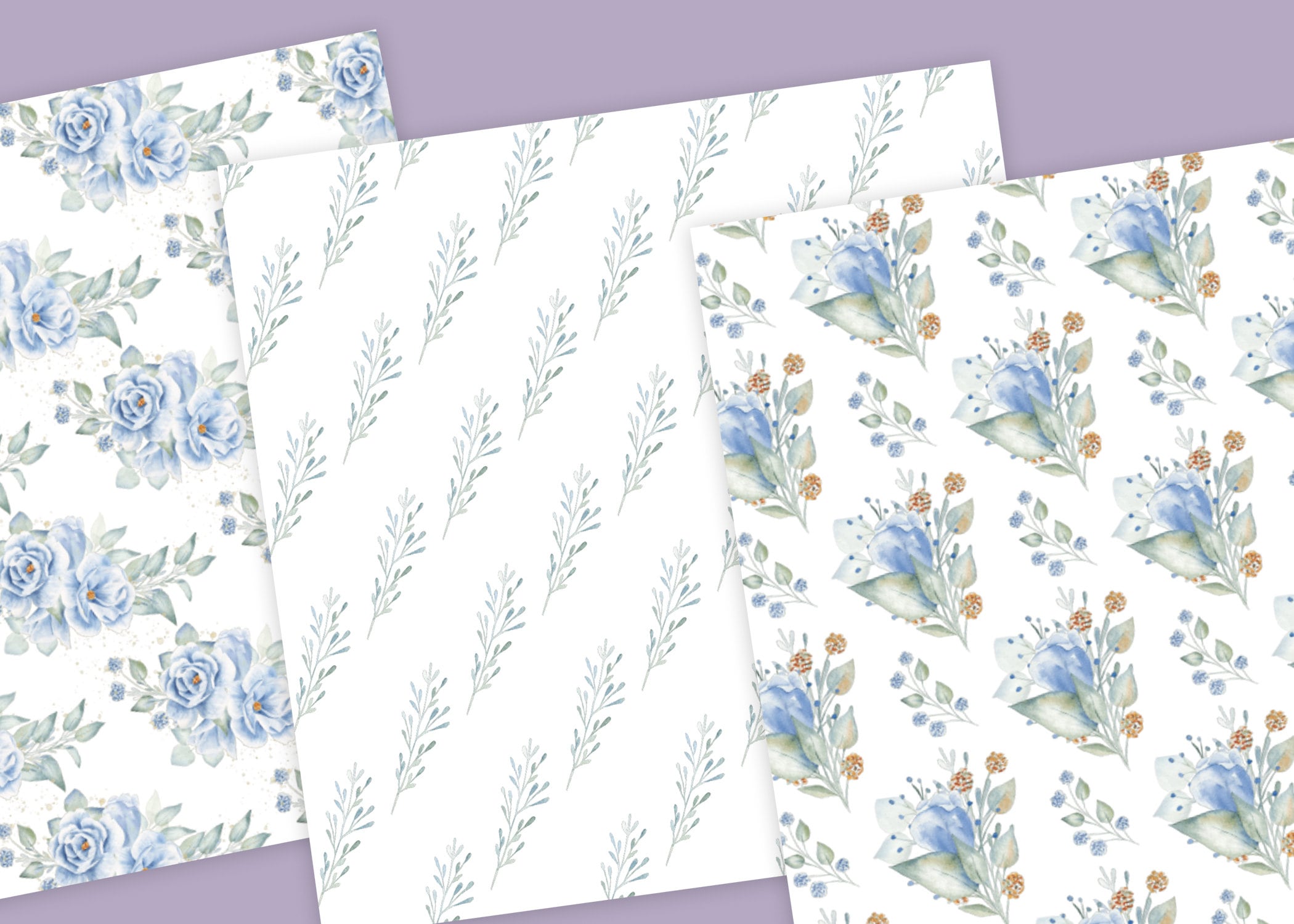 Watercolor Floral Digital Paper Blue Winter Flower & Greenery | Etsy