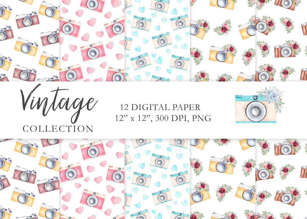 Watercolor Vintage Camera Digital Paper, Retro Floral Photo Camera ...